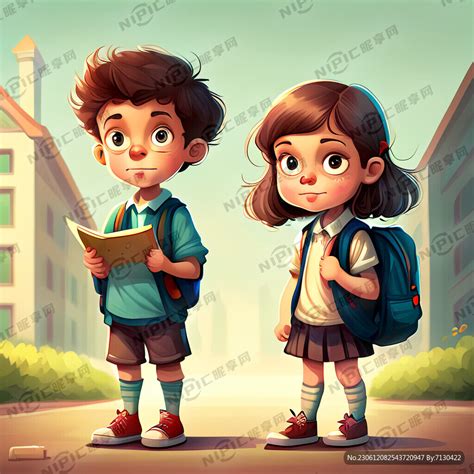 Ai创作图上学的男孩女孩 卡通 昵图网