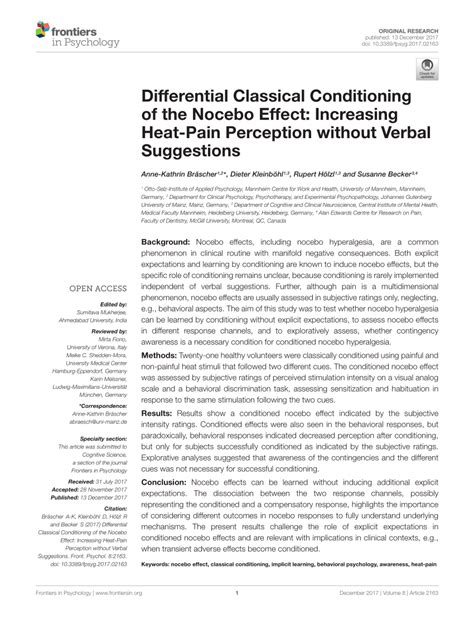 Pdf Differential Classical Conditioning Of The Nocebo Effect