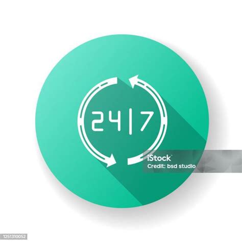 시계 청록색 플랫 디자인 긴 그림자 글리프 아이콘 주위에 열립니다 24 7시간 서비스 매일 오픈 스토어 24 7 시간 소매 원형 화살표입니다 실루엣 Rgb 컬러
