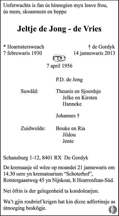 Jeltje De Jong De Vries 14 01 2013 Overlijdensbericht En Condoleances