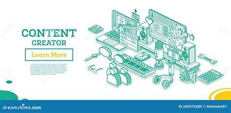 Content Creator Isometric Outline Concept Blog Or Vlog Content Strategy Stock Illustration