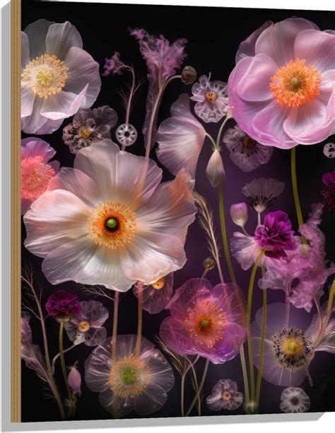 Hout Boeket Van Roze Bloemen Op Zwart Oppervlak 60x80 Cm 9 Mm Dik