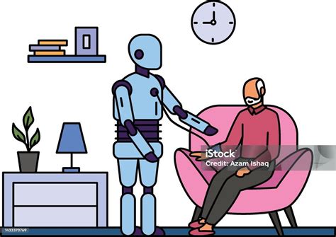 휴머노이드 감지 터치 로봇 개념 노인 케어 로봇 벡터 컬러 아이콘 디자인 로봇 의학 기호 의료 장면 기호 현대 클리닉의 혁신