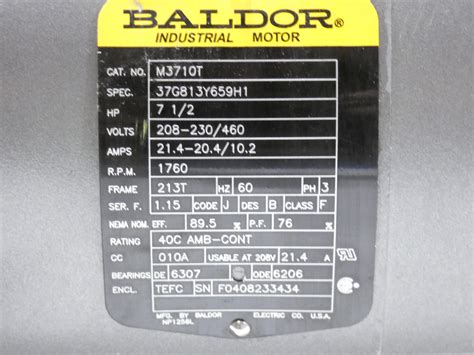 75hp Baldor M3710t Motor 208 230460v 1760 Rpm 213t Frame 3ph Gpm