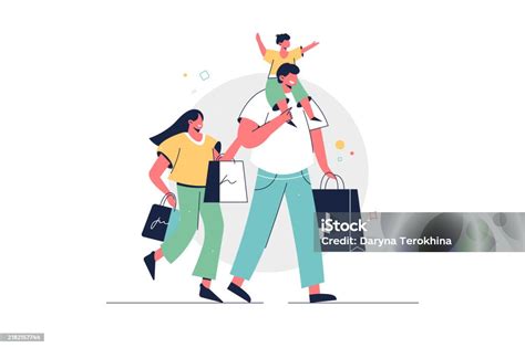 휴일에 쇼핑하는 사람들 크리스마스 선물 선물 및 기타 휴일 용품 구매 가족 휴가 루틴 크리스마스 쇼핑 컨셉입니다 평면 만화 벡터 일러스트 레이 션 아이콘 세련 된 컬러풀