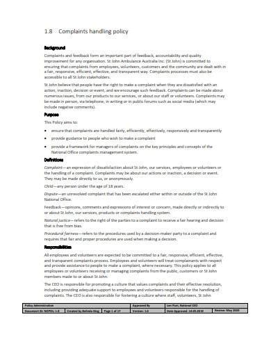 Free 9 Charity Complaints Handling Policy Samples And Templates In Ms