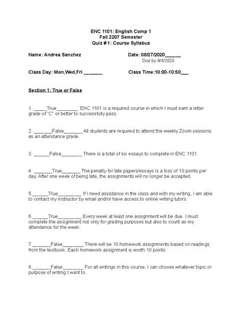 ENC 1101 Quiz 1 Quiz ENC 1101 English Comp 1 Fall 2207 Semester