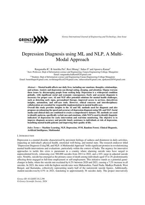 Pdf Depression Diagnosis Using Ml And Nlp A Multi Modal Approach