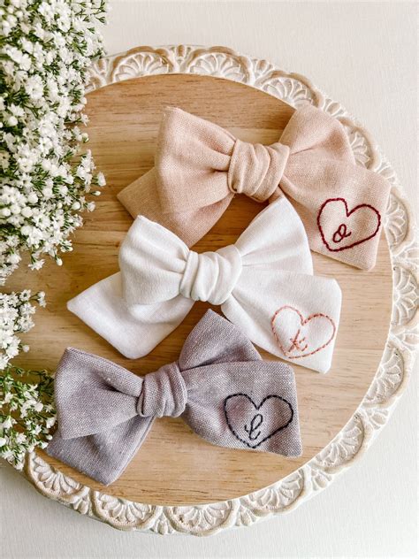 Hand Embroidered Heart Initial Bow Valentines Day Bow Heart Bow