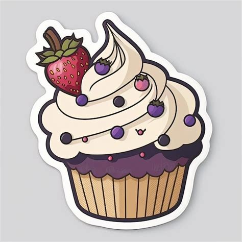 Cupcake Plano Vector Pegatina Ilustración Lindo Personaje De Dibujos