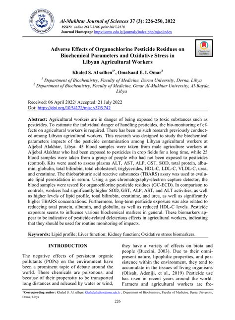 Pdf Adverse Effects Of Organochlorine Pesticide Residues On Biochemical Parameters And