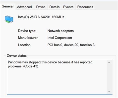 Intel R Wi Fi 6 Ax201 160mhz Device Is Not Working Code 10 43