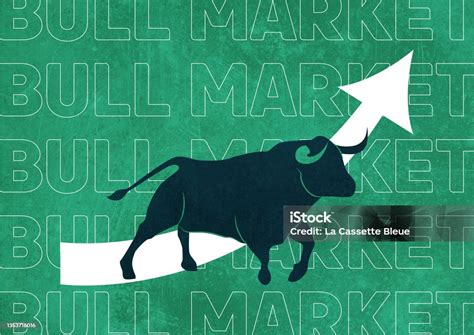 사랑스러운 녹색 황소와 반복 텍스트와 주식 시장의 상승을 나타내는 상승 화살표는 황소 시장을 말한다 주식 시장 및 곰 개념 생생한 색상으로 창의적인 배경 개념에 대한 스톡