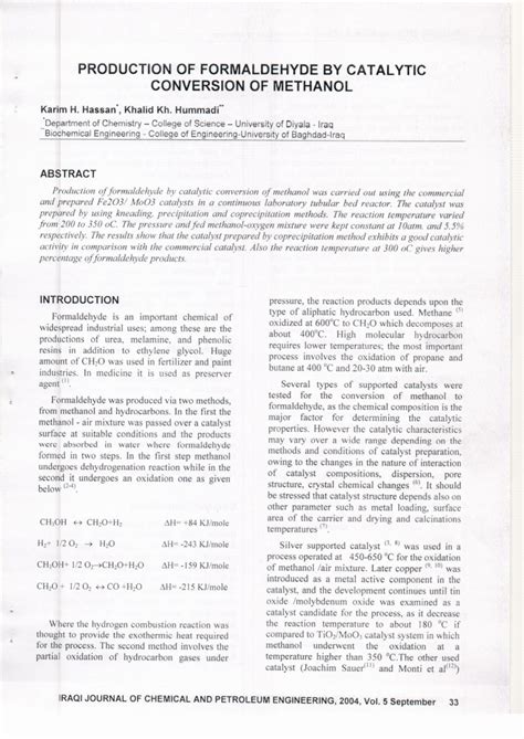 pdf production of formaldehyde by catalytic conversion of methanol