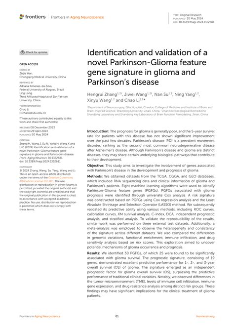 Pdf Identification And Validation Of A Novel Parkinson Glioma Feature