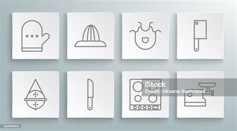 세트 라인 볼 차 여과기 감귤류 과일 과즙 짜는기구 칼 가스 렌지 주방 고기 분쇄기 앞치마 고기 다지기 및 오븐 장갑 아이콘 벡터 가열장치에 대한 스톡 벡터 아트 및 기타