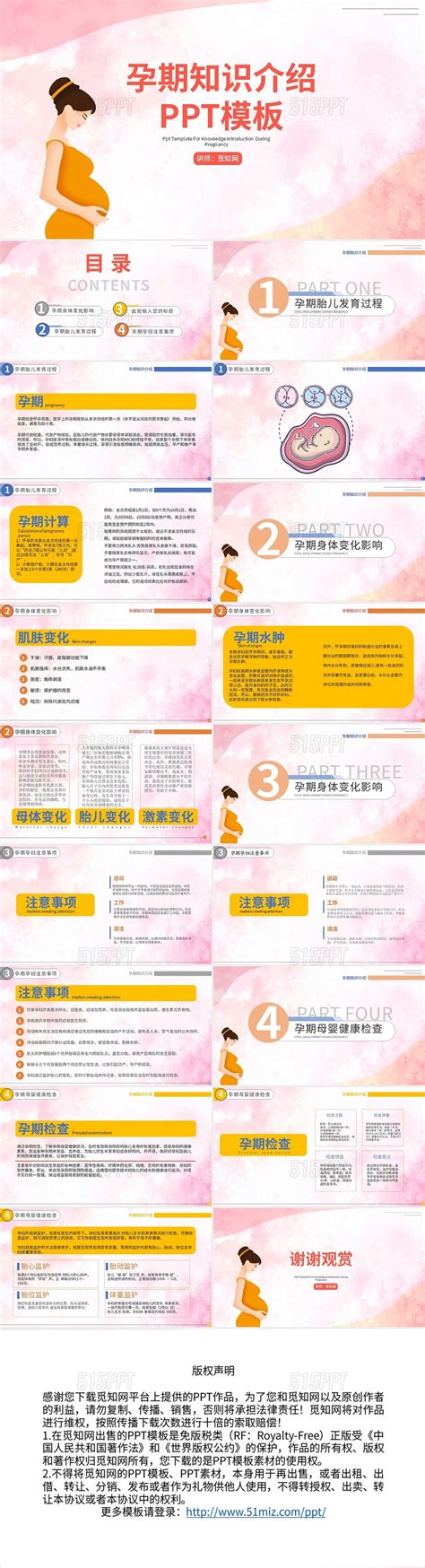 粉色清新孕妇知识介绍2021ppt模板孕期知识 515ppt