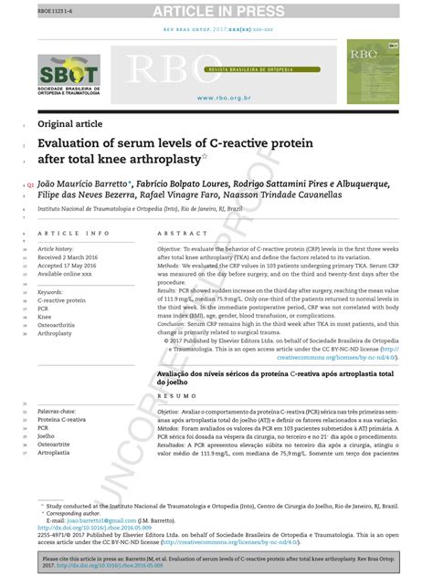 Pdf Evaluation Of Serum Levels Of C Reactive Protein After Total Knee