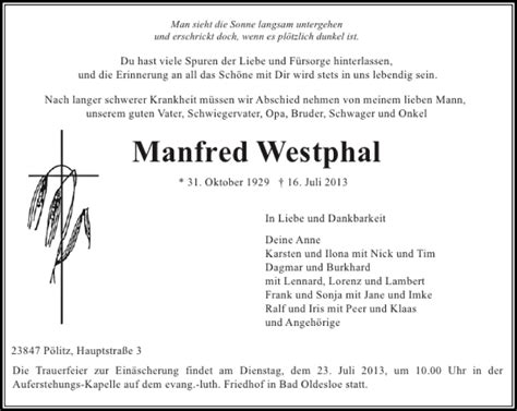 Traueranzeigen Von Manfred Westphal Sh Z Trauer