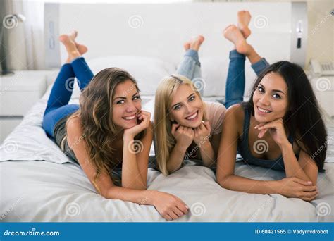Happy Three Girl Lying On The Bed Stock Image Image Of Indoors