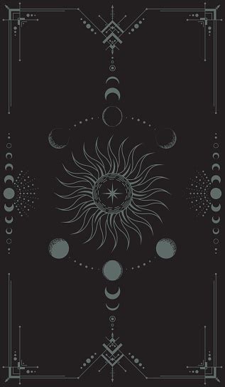 태양과 달 위상을 포함하여 화려한 기하학적 프레임으로 신비로운 어두운 배경을 벡터 초승달과 마법의 상징이있는 신비한 수직 배너 타로 카드 커버 0명에 대한 스톡 벡터 아트