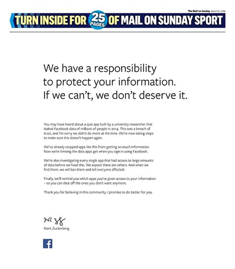Facebook Takes Out Adverts To Say Sorry For Data Breach Daily Mail Online