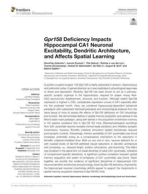 Pdf Gpr158 Deficiency Impacts Hippocampal Ca1 Neuronal Excitability