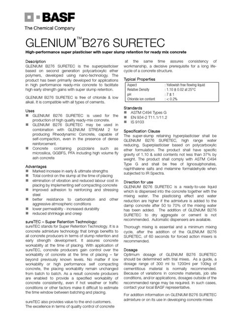 Glenium B276 Suretec V1 Pdf Concrete Structural Engineering
