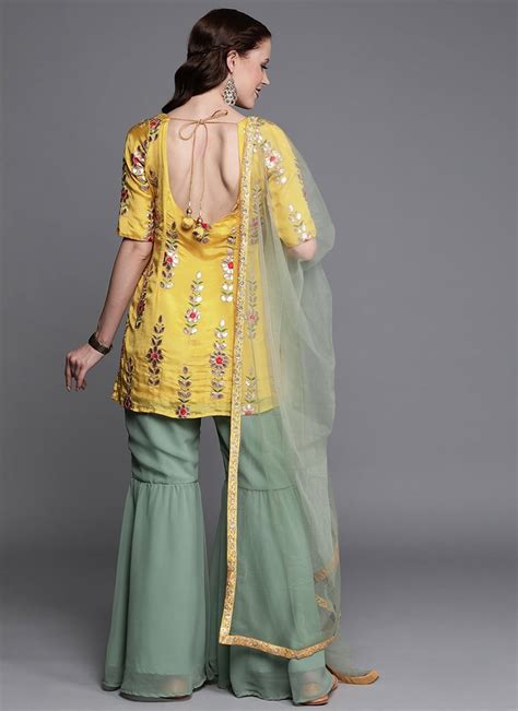 Buy Yellow N Green Embroidered Gharara Suit Festive Wear Online At Best