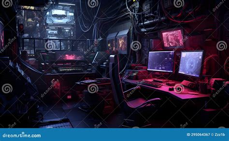 Messy And Dark Cyberpunk Hacker Hideout Room Neural Network Generated Image Stock Image Image