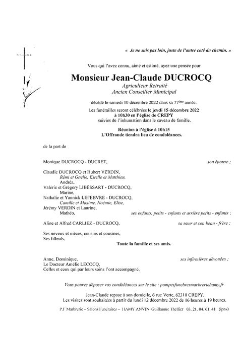 Monsieur Jean Claude Ducrocq Pompesfunebresmarbreriehamy
