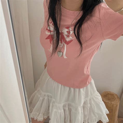 하이틴 리본 프린팅 크롭 반팔티 에이블리