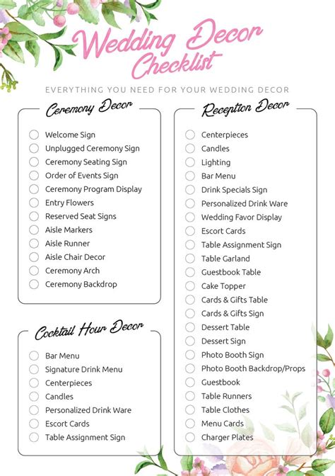 Wedding Decor Checklist Printable Free Printable Wedding