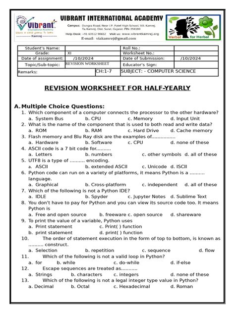 Grade 11 Revisionworksheet Half Yearly Computer Science Pdf