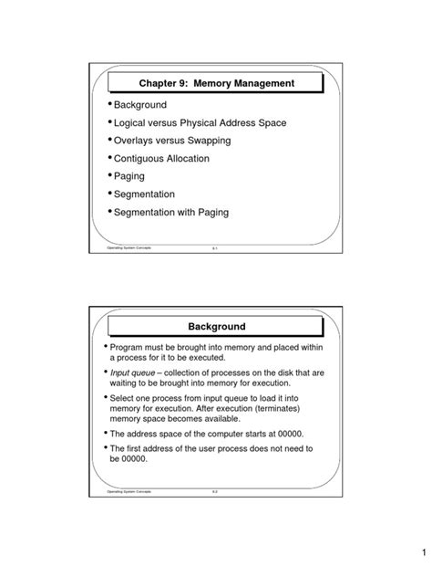 Background Logical Versus Physical Address Space Overlays Versus Swapping Contiguous Allocation