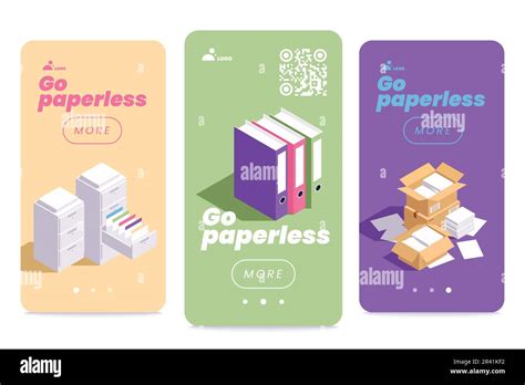 Isometric Set Of Go Paperless Vertical Banners With Stacks Of Papers