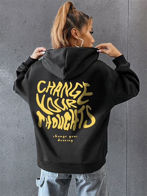 Slogan Graphic Kangaroo Pocket Drawstring Thermal Hoodie Cool Shirt