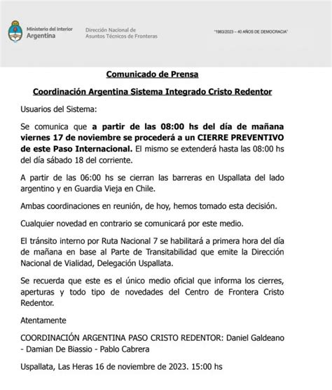 ATENCIÓN Informaron que el paso Cristo Redentor estará cerrado y te