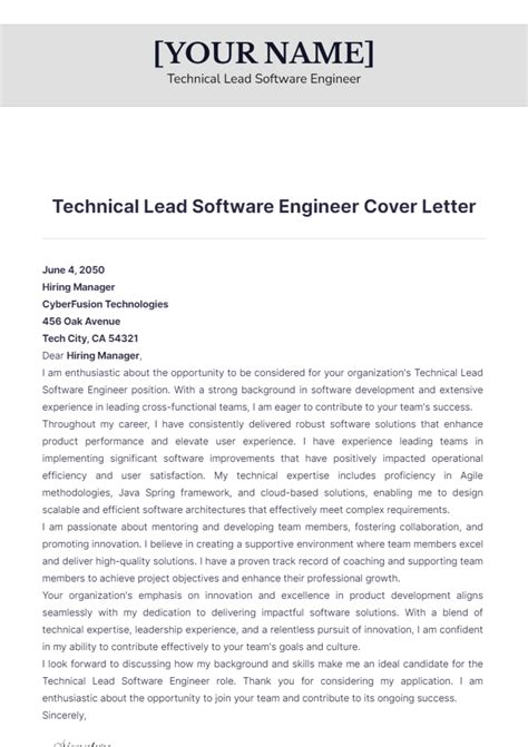 Free Technical Lead Software Engineer Cover Letter Template To Edit Online