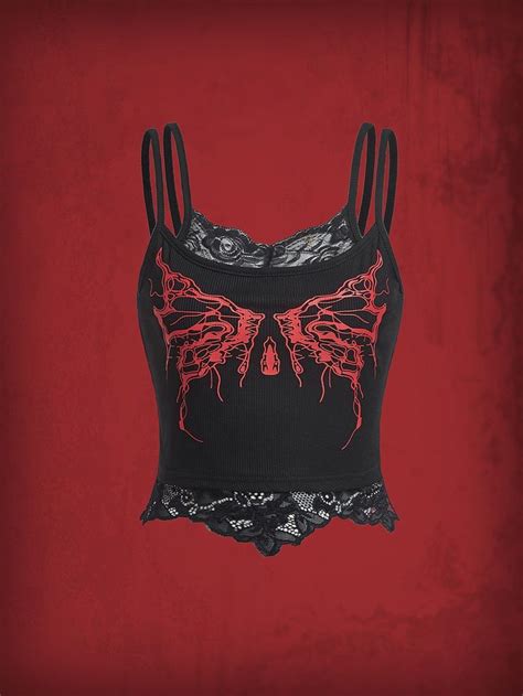 Grunge Punk Butterfly Print Contrast Lace Cami Top Punk Style Outfits