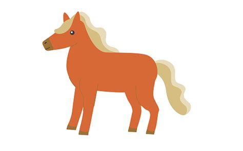 베이지색 갈기와 꼬리를 가진 갈색 말의 평면 만화 그림 말은 중립적인 표정으로 옆모습에 서 있습니다 흰색 배경에 고립 된 간단한 벡터 디자인 갈색에 대한 스톡 벡터 아트 및