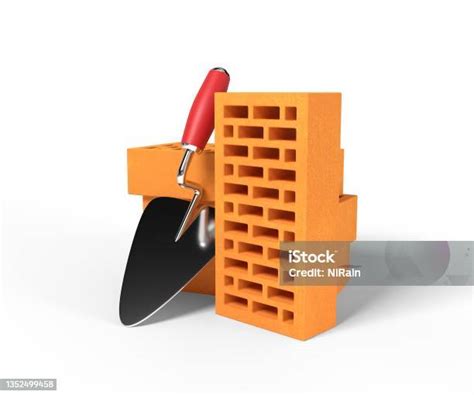 흰색 배경에 고립 된 3d 렌더링 일러스트 레이턴 일러스트 클레이 벽돌과 시멘트 흙 현실적인 새로운 붉은 천공 세라믹 벽돌과 금속 주걱 집과 벽 건설을위한 점토 벽돌 건물