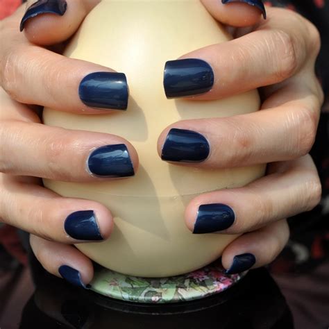 Shiny Dark Blue Black Acrylic Fake Nails Short Design False Nail Faux