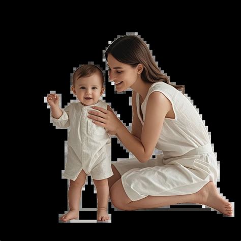 一个外国年轻妈妈扶着一个外国宝宝有穿着白衣服赤脚站立，妈妈坐着，白底 花瓣网