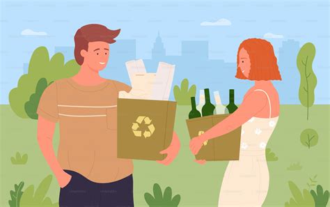 깨끗한 도움 보호 자연 환경 벡터 일러스트 만화 행복 한 십대 사람들 도시 공원을 청소 유리 병과 종이 쓰레기 폐기물 배경과 재활용 가방을 들고 젊은 자원 봉사자 벡터