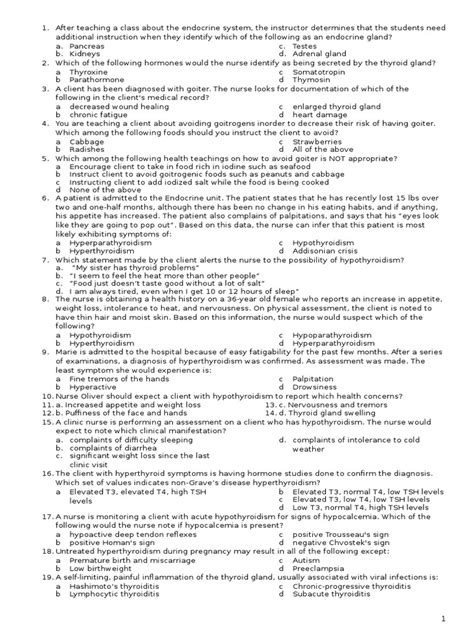 Endocrine Sample Exam Hyperthyroidism Hypothyroidism
