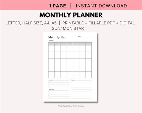 Monthly Calendar Printable And Digital Planner Month At A Glance Undated Month 1 Page Instant