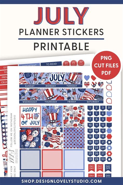 Printable JULY Monthly Planner Kit July Monthly Stickers Kit July 4th
