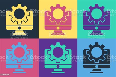 컬러 배경에 격리 된 팝 아트 컴퓨터 모니터 및 기어 아이콘 조정 서비스 설정 유지 보수 수리 고정 벡터 일러스트레이션 개념에 대한 스톡 벡터 아트 및 기타 이미지 Istock