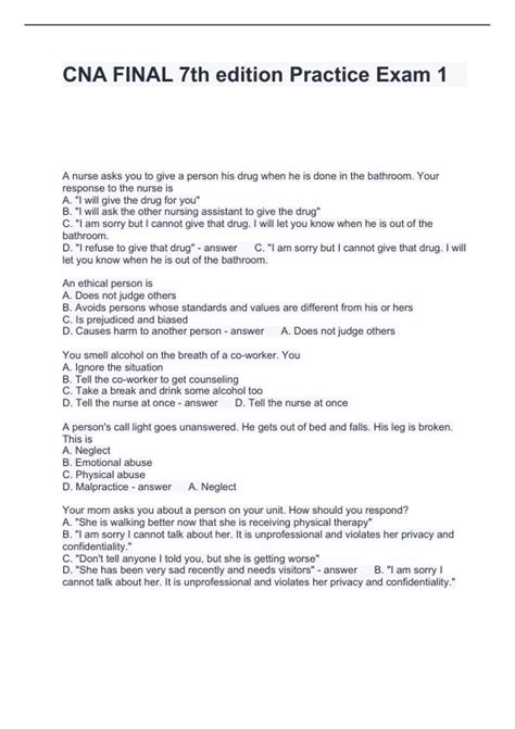 Cna Final 7th Edition Practice Exam 1 Questions And Answers 100 Verified Illinois Cna Stuvia Us
